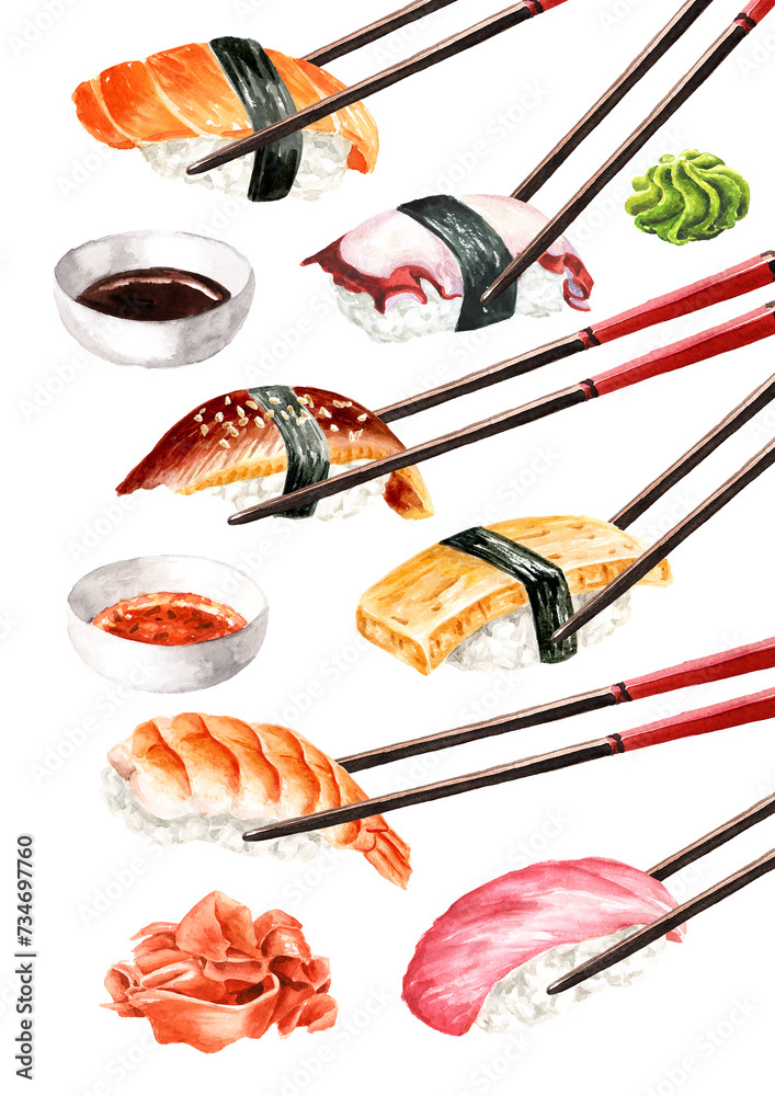 Nigiri Sushi in the chopsticks Set with soy sauce, wasabi and ginger ...