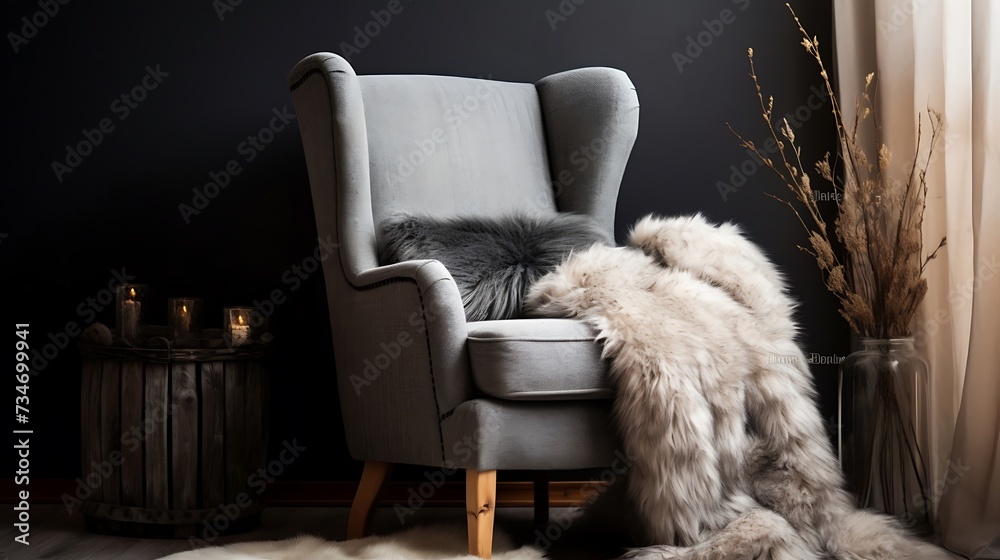 Grey wingback chair with fur blanket. Scandinavian farmhouse hygge home ...