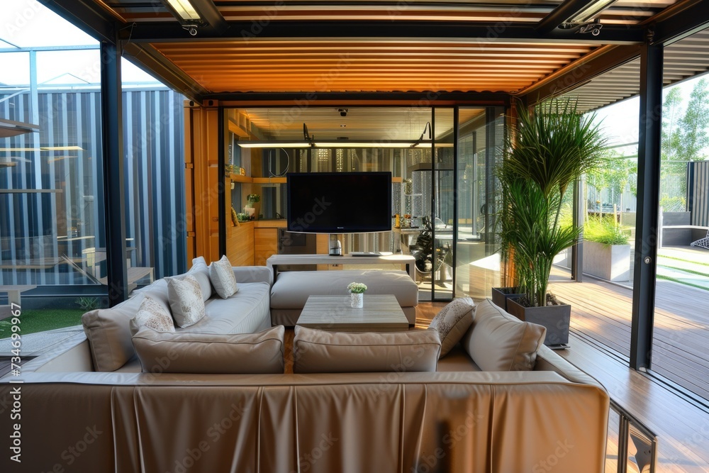 A reception room designed from a modified shipping container, elegant ...