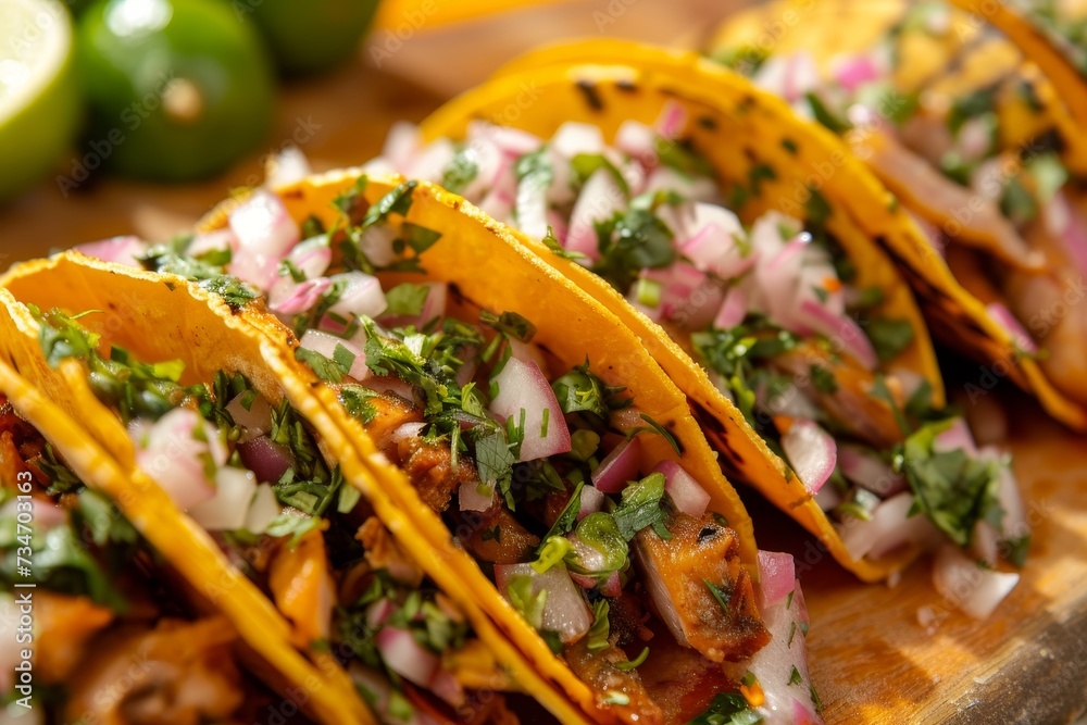 Four Mexican street tacos featuring fish barbacoa and carnitas captured ...