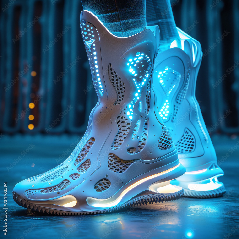 Illuminated Futuristic Boots Design. Futuristic boots emitting a bright ...