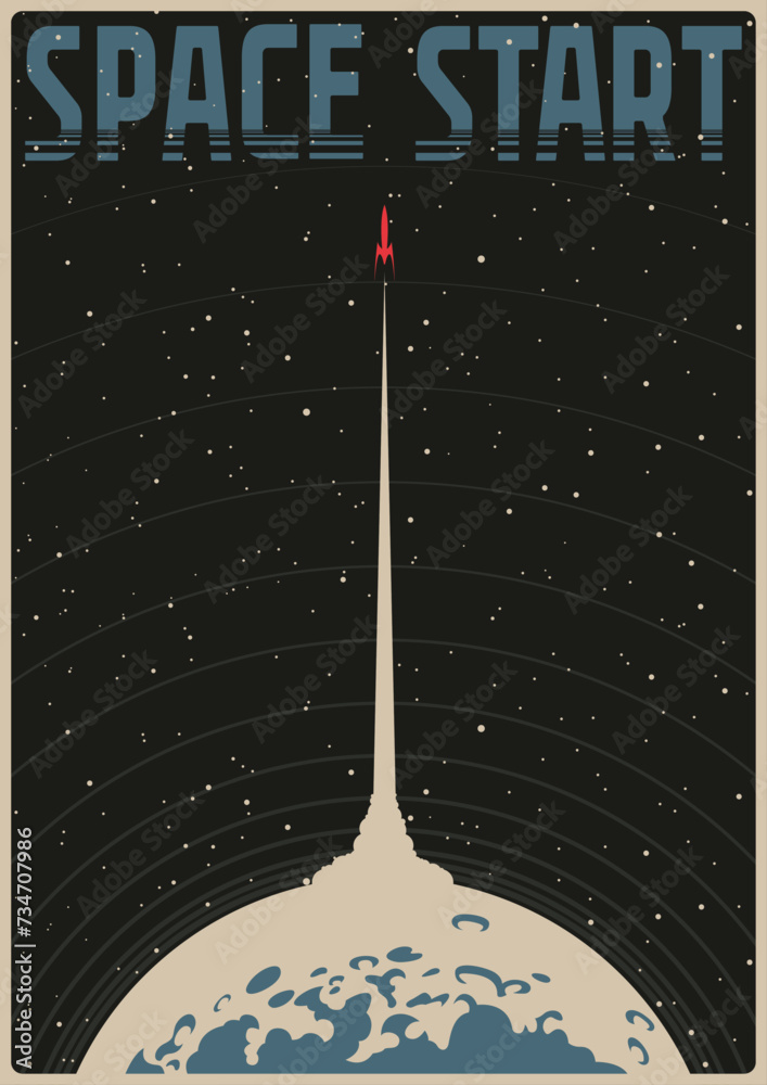 Space Start! Retro Future Space Illustration. Rocket launch, Asteroid ...