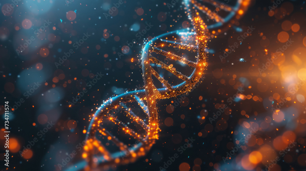 Digital illustration of a sparkling DNA double helix structure with glowing particles in an ...