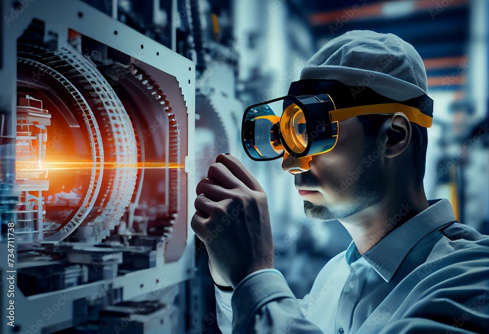 Engineer use augmented reality software in smart factory production ...