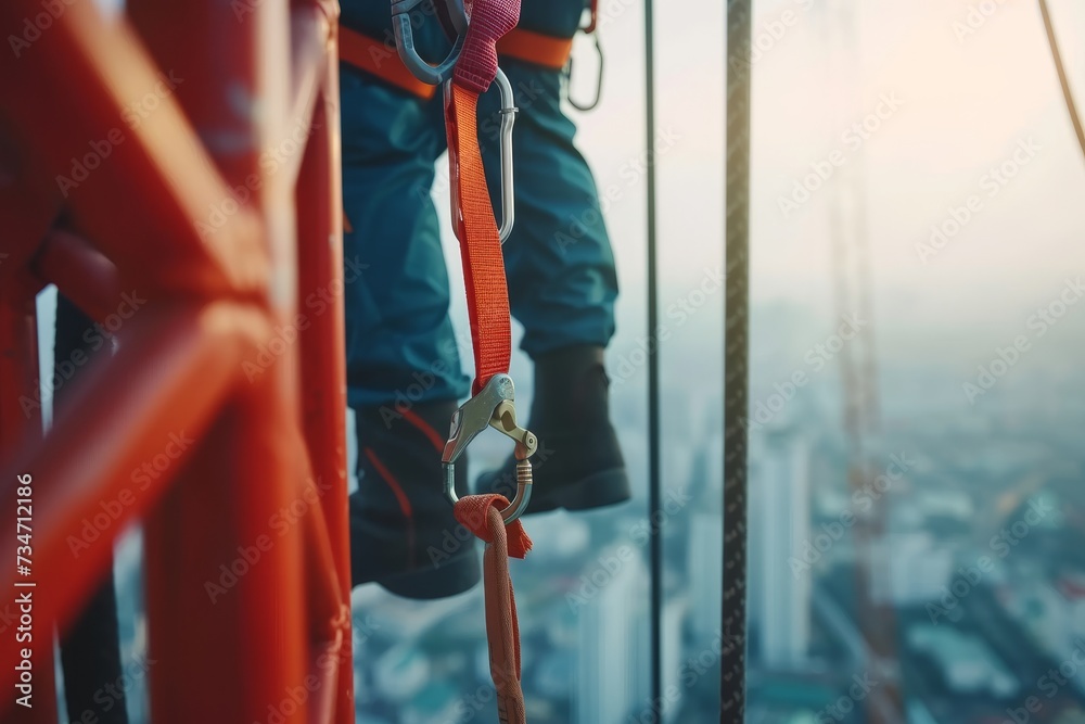 Fall arrestor device for worker with hooks on roof structure for safety ...