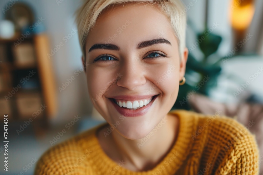 Excited woman with short fair hair happily smiling and showing perfect ...