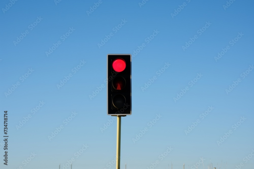 single red traffic light against a clear blue day with no vehicles ...