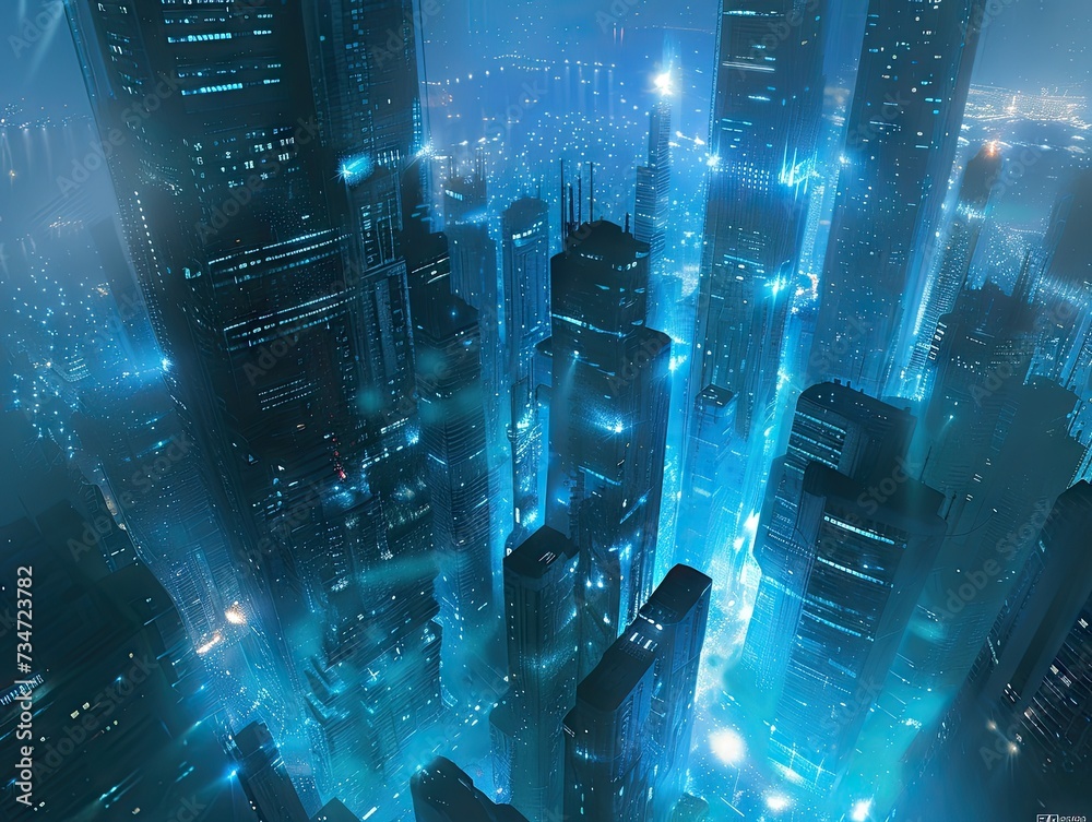 Breathtaking essence of urban skyline at night skyscrapers pierce ...