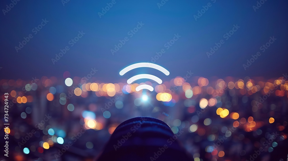 Modern metropolis with wireless network connection and urban landscape ...