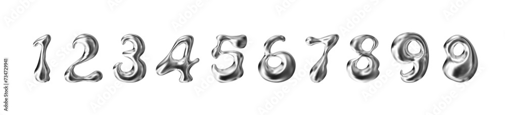 Liquid chrome metal numbers. 3d groovy hologram silver letters. Mercury ...