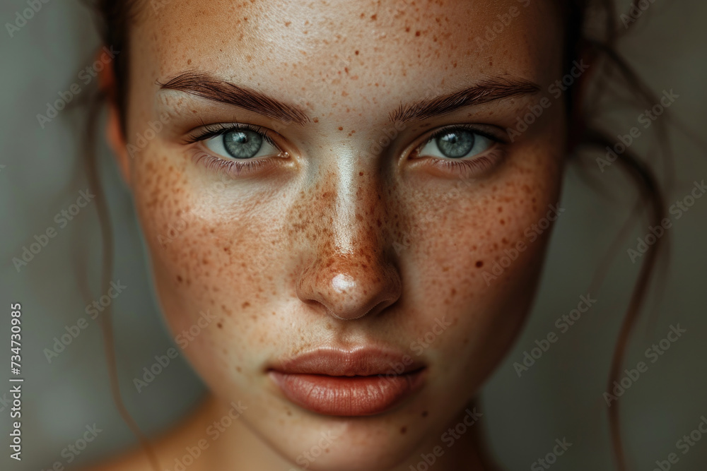 Detailed close up of woman's face showing her natural freckles. Perfect ...