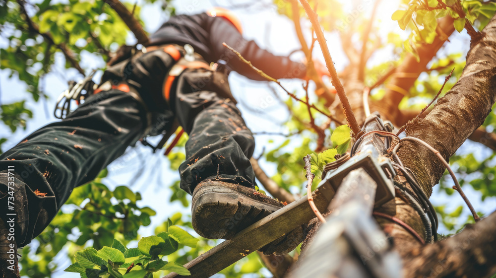 Person is seen climbing tree using ladder. This image can be used to ...