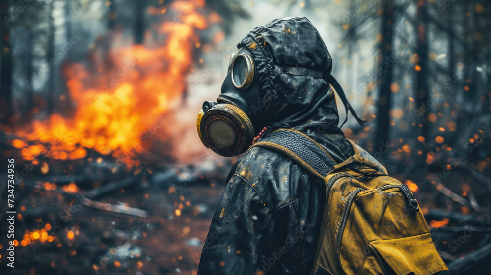 Person wearing gas mask in forest. This image can be used to depict ...
