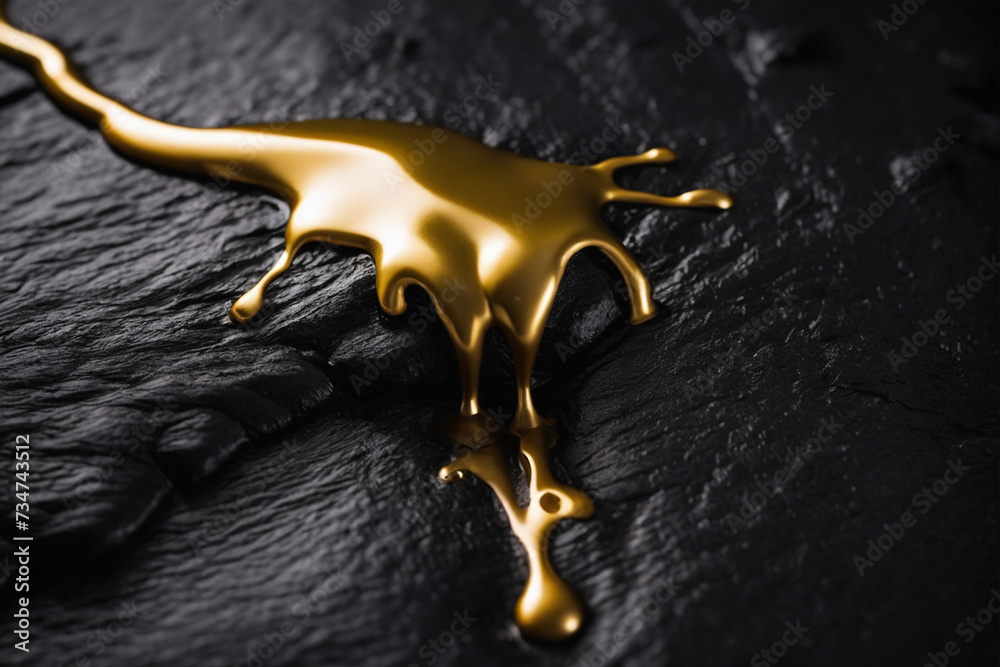 Liquid gold dripping onto a rare dark black rock Stock Illustration ...