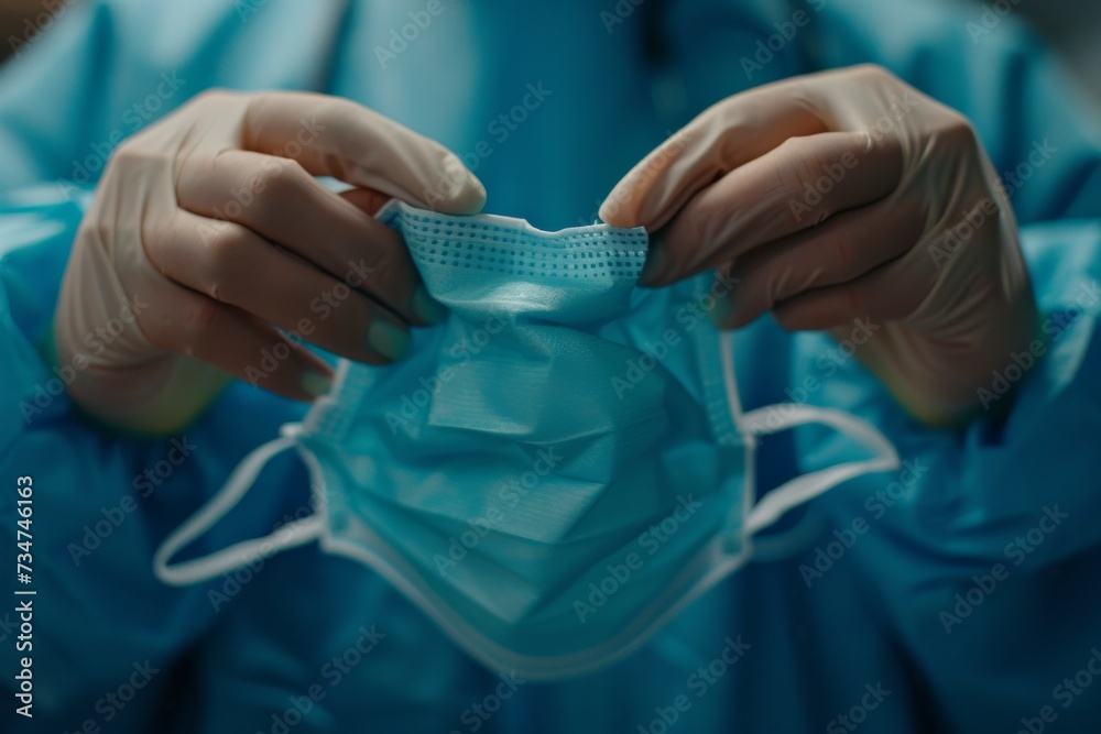 Gloved hands present a face mask, highlighting the essential equipment ...