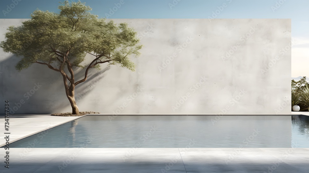 concrete wall with tree and shadow and clean clear water pool swiming ...