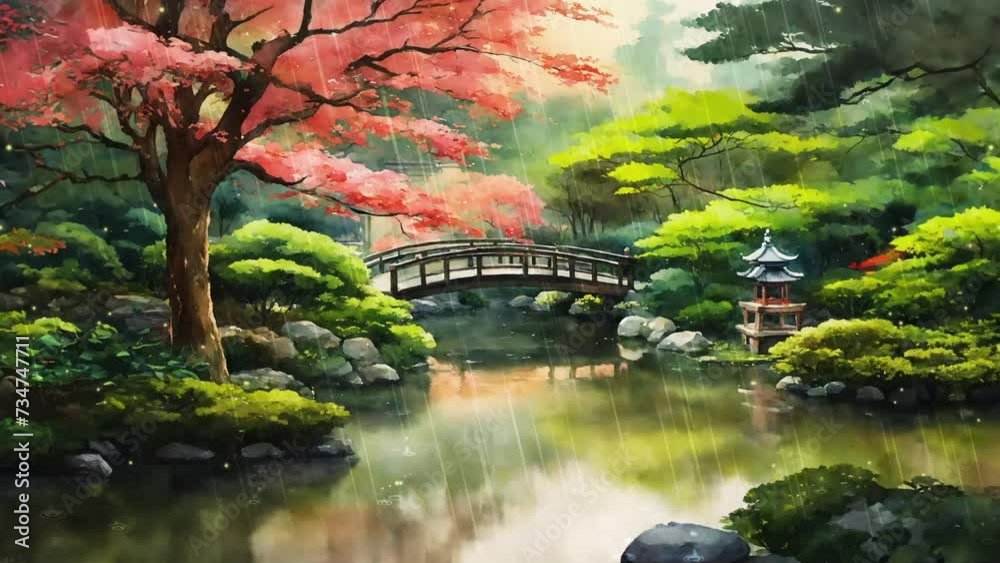 Tranquil Japanese garden with pond and trees. Ghibli anime style ...