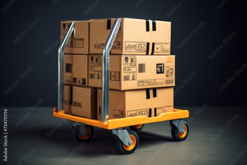 Cardboard box packages on the trolley. Logistics and distance service ...