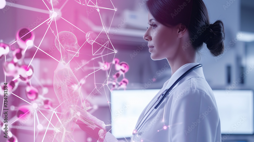 woman with digital human body and data screen - digitalization of ...