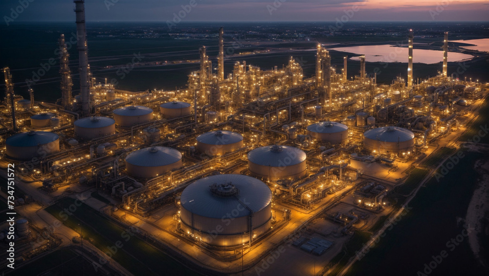Modern biogas plant between several fields in rural region with sunset ...