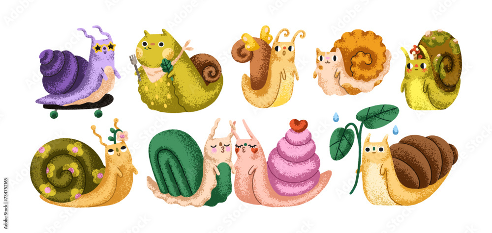 Cute snails set. Funny slow slugs. Slimy animals, happy kawaii baby ...