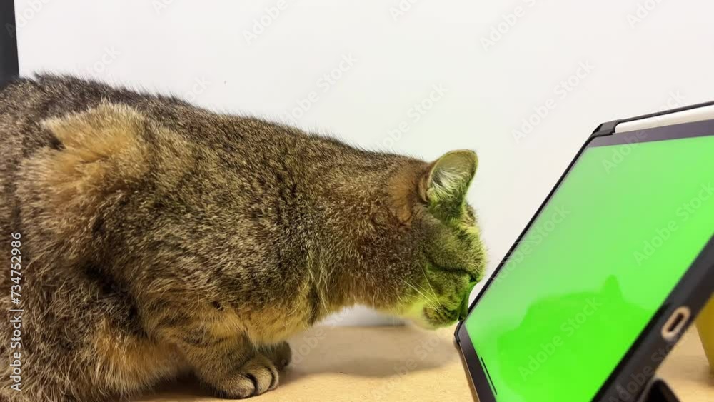 A curious cat examines the touch green screen of a laptop. Tabby kitten ...