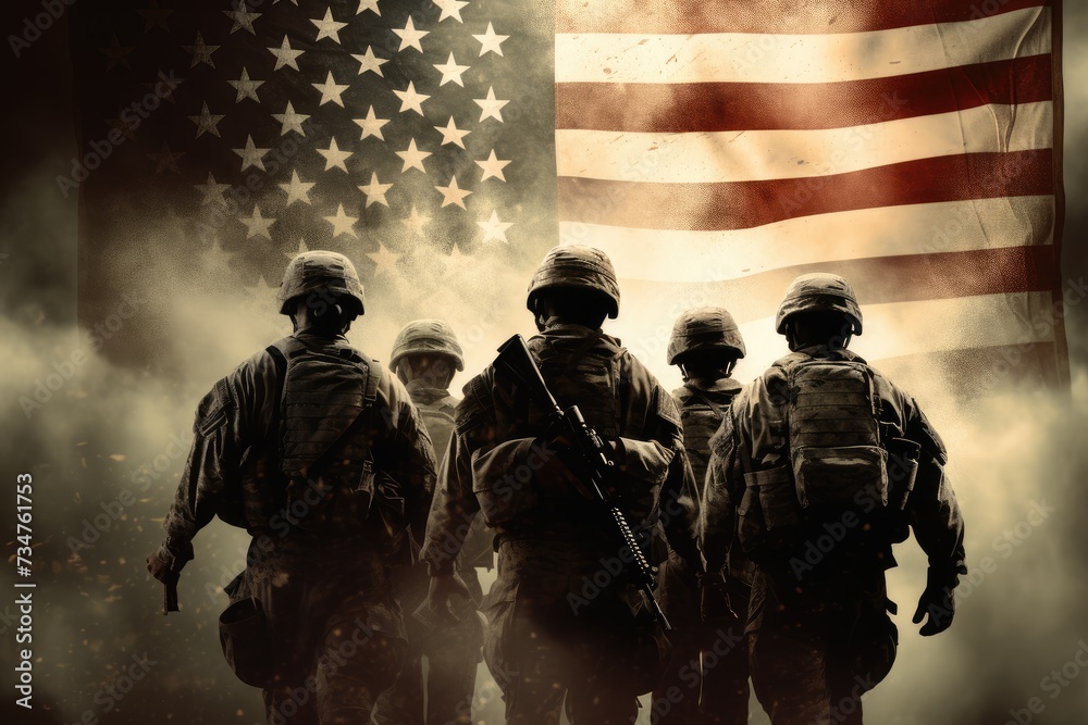 A powerful image of a group of soldiers united over us flag, soldiers ...