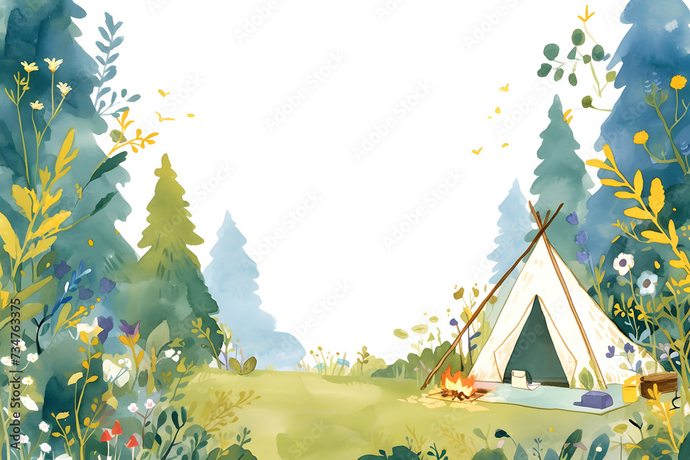 Cute cartoon camping frame border on background in watercolor style ...