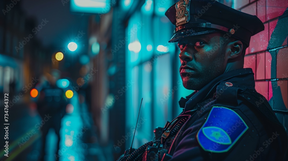 Police officer on night patrol in a neon-lit urban street. capturing ...