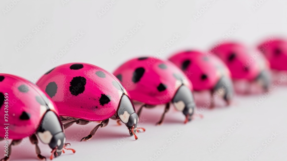 Large group of pink Harlequin ladybird. Invasive ladybirds in line ...