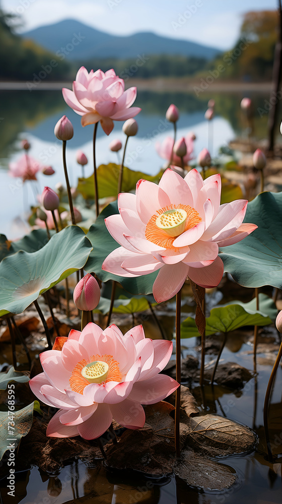 Lotus flowers in various stages of bloom against a backdrop of a calm ...
