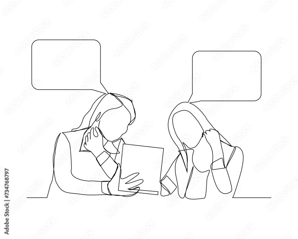 continuous single line sketch drawing of two women coworker talking ...
