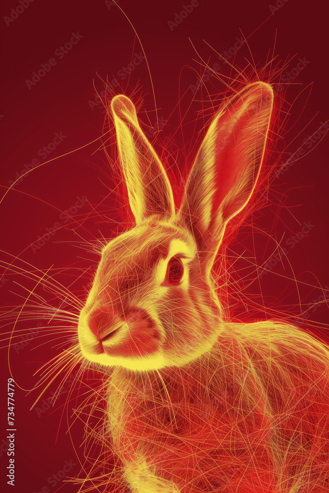 Deconstructed golden line art of a rabbit on deep red background Stock ...