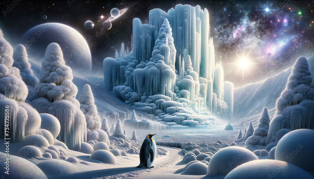 A fantastical winter landscape with a penguin, icy formations, and snow ...