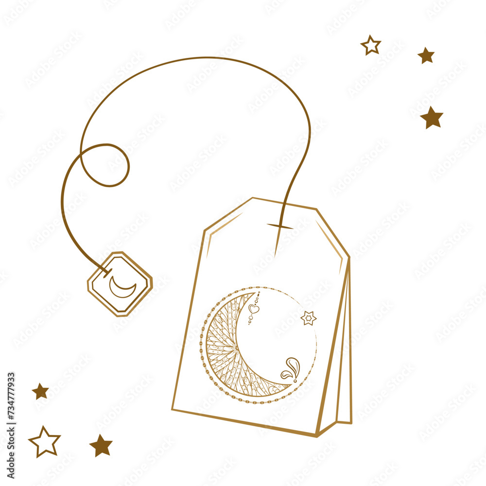 Line art vintage style crescent moon tea bag illustration. Magic ...