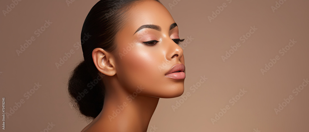 Glamorous face of young and beautiful Caribbean female model with brown ...