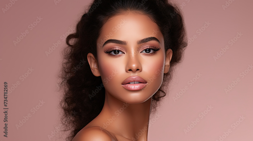 Glamorous face of young and beautiful Caribbean female model with brown ...