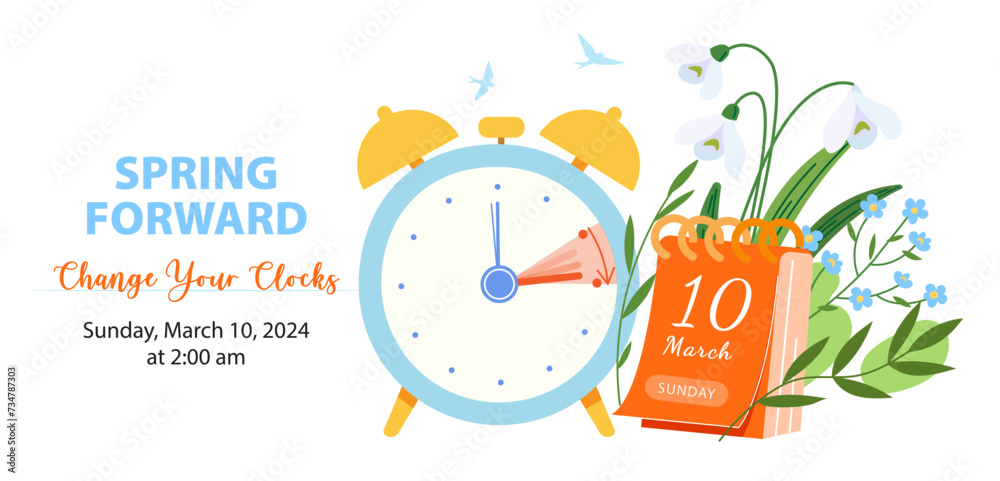 Spring Forward 2024 banner. Alarm clock set forward one hour and ...