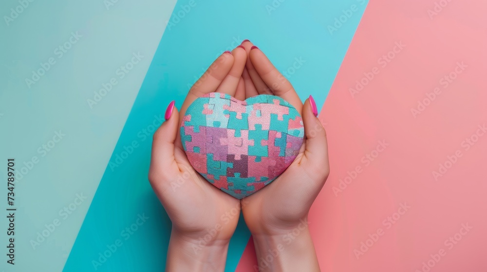 Hands are captured holding colorful jigsaw puzzle pieces that come ...