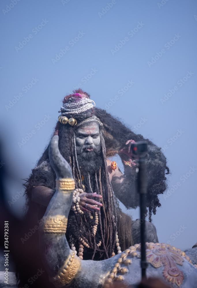 Masan Holi, Portrait of an male artist act as lord shiv with dry ash on ...