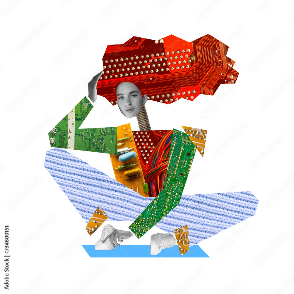Contemporary art collage. Futuristic robot, composed of electronic ...