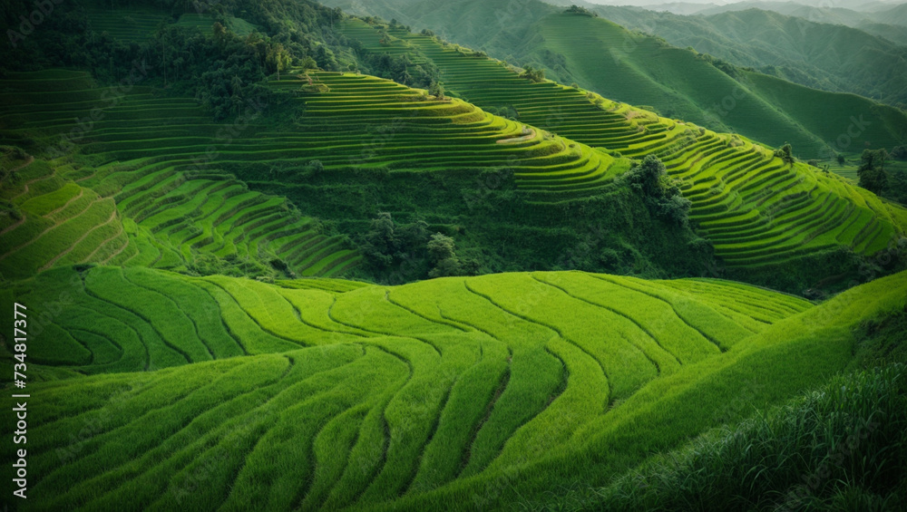 Green hillside with green rice fields, Green rice terraces on a ...