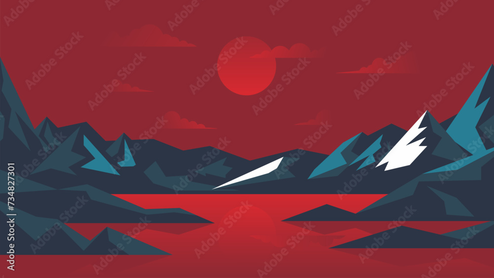 Cartoon scary landscape in red and dark blue tones with a lake on the ...