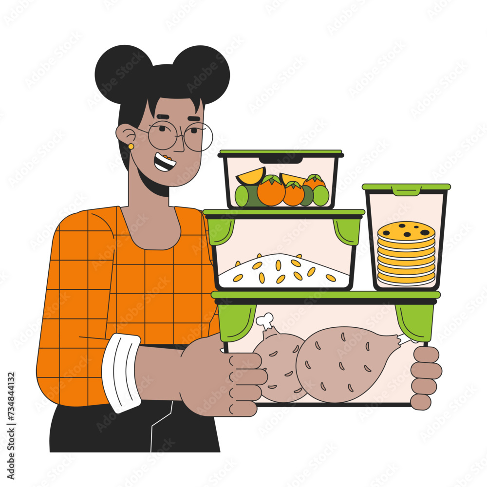Carrying meal prep containers line cartoon flat illustration. Black ...