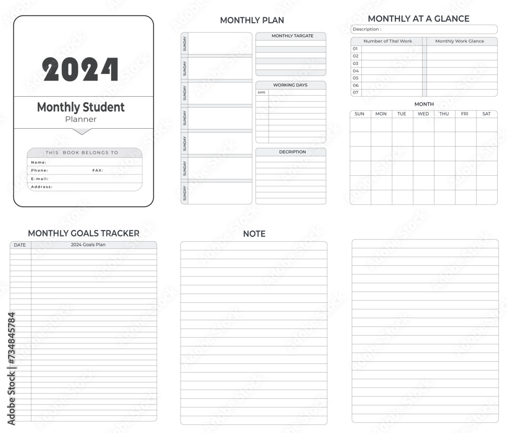 Editable 2024 Monthly Student Planner Kdp Interior printable template ...