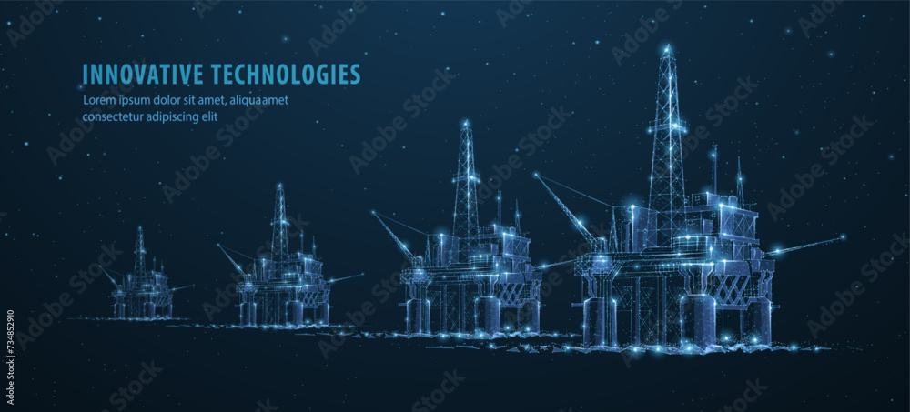 Oil rigs. Abstract 3d floating rig platforms isolated on blue. gas ...