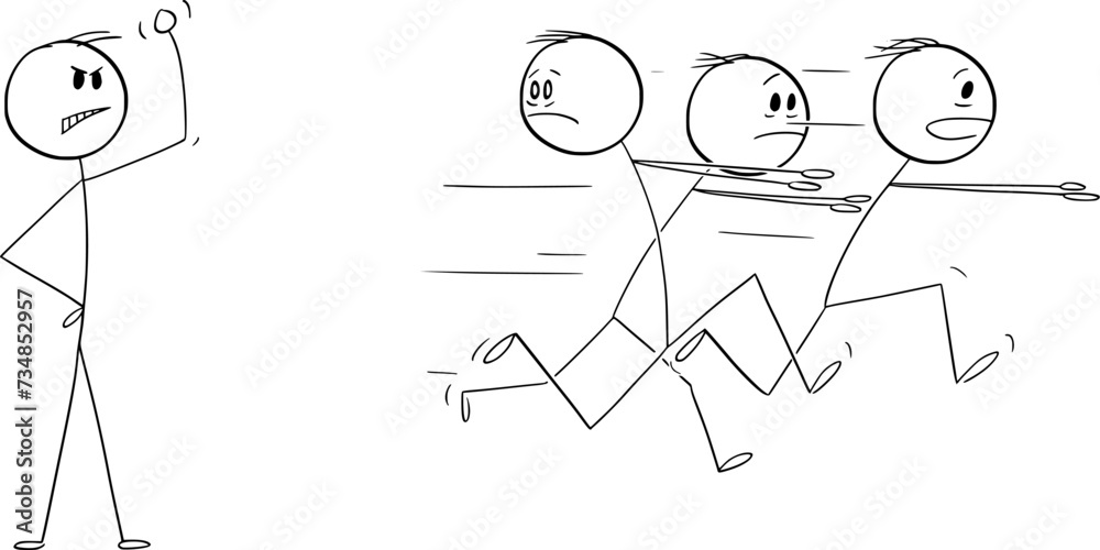 Group of Weak Men Running Away in Fear From Strong Person, Vector ...