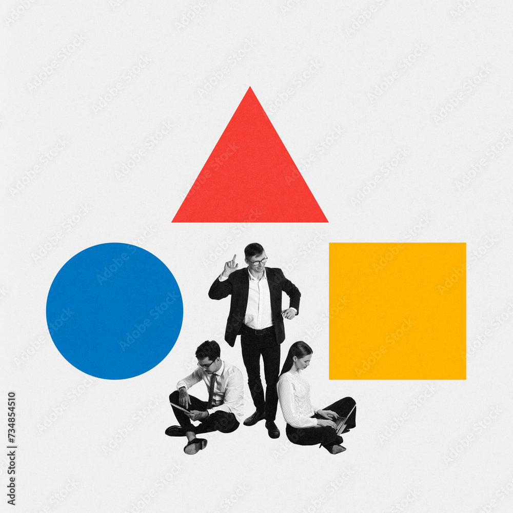 Modern aesthetic artwork. Minimalist composition with three people and ...