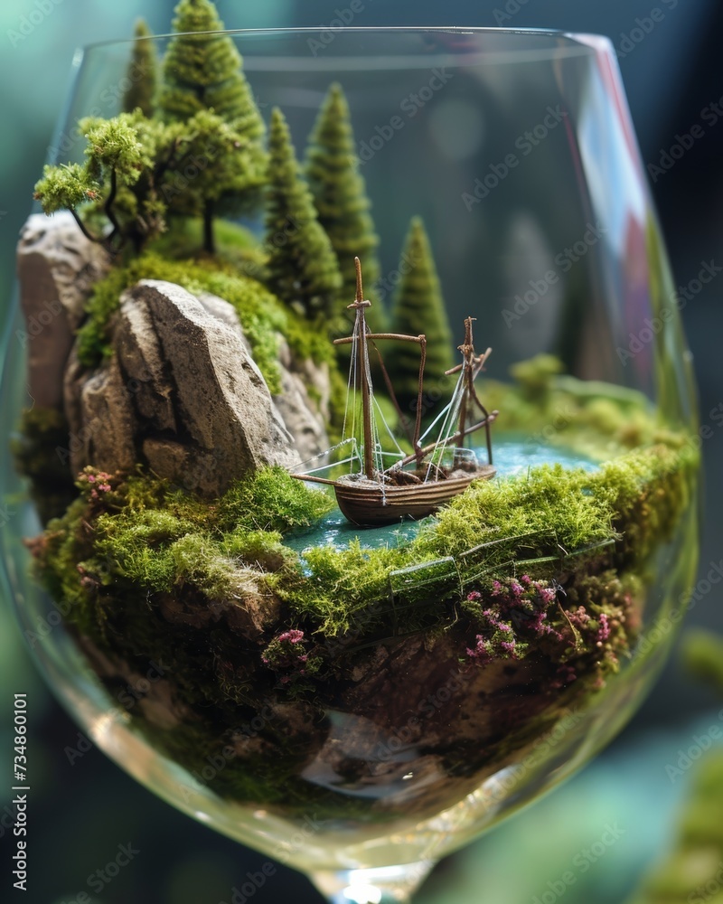 miniatures in a micro world with a bote and mini lake, all mounted ...
