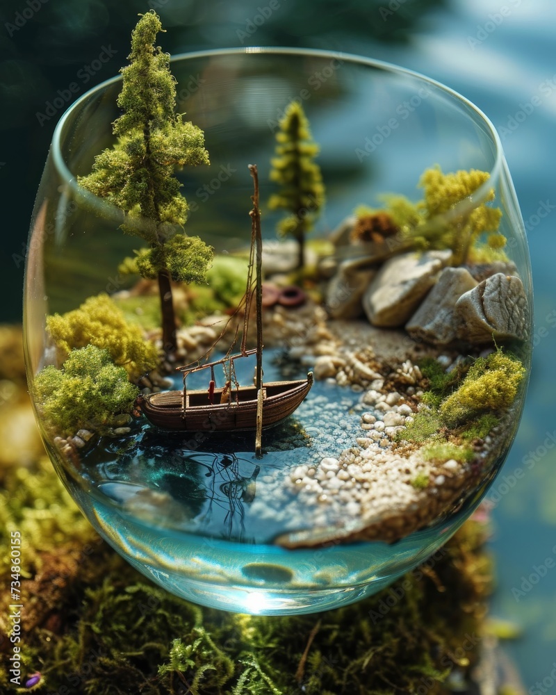 miniatures in a micro world with a bote and mini lake, all mounted ...
